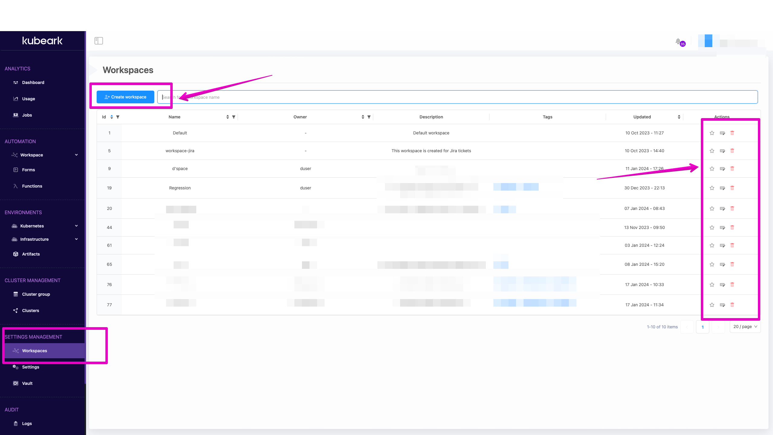 Workspaces (Settings) - Kubeark