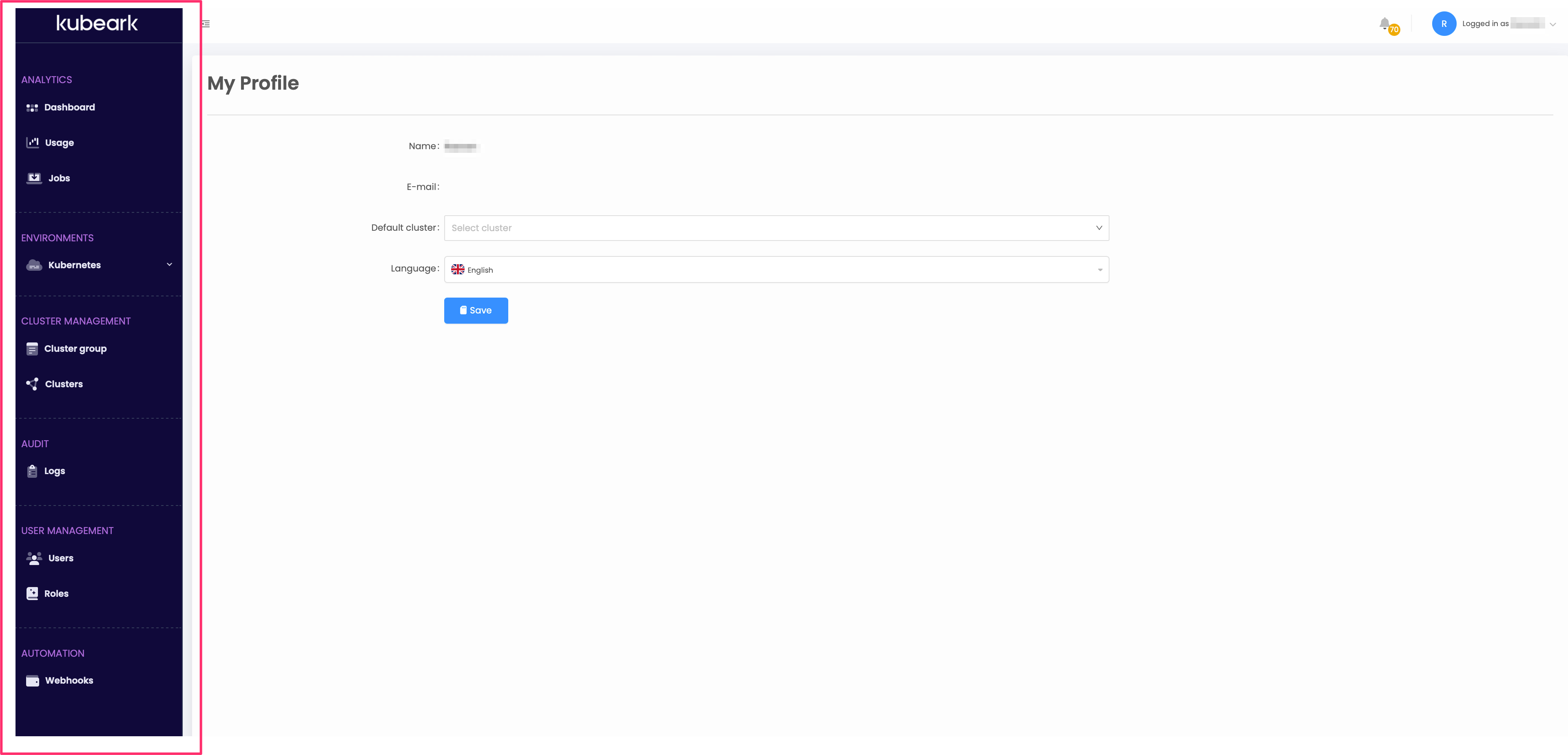 Features Menu - Kubeark