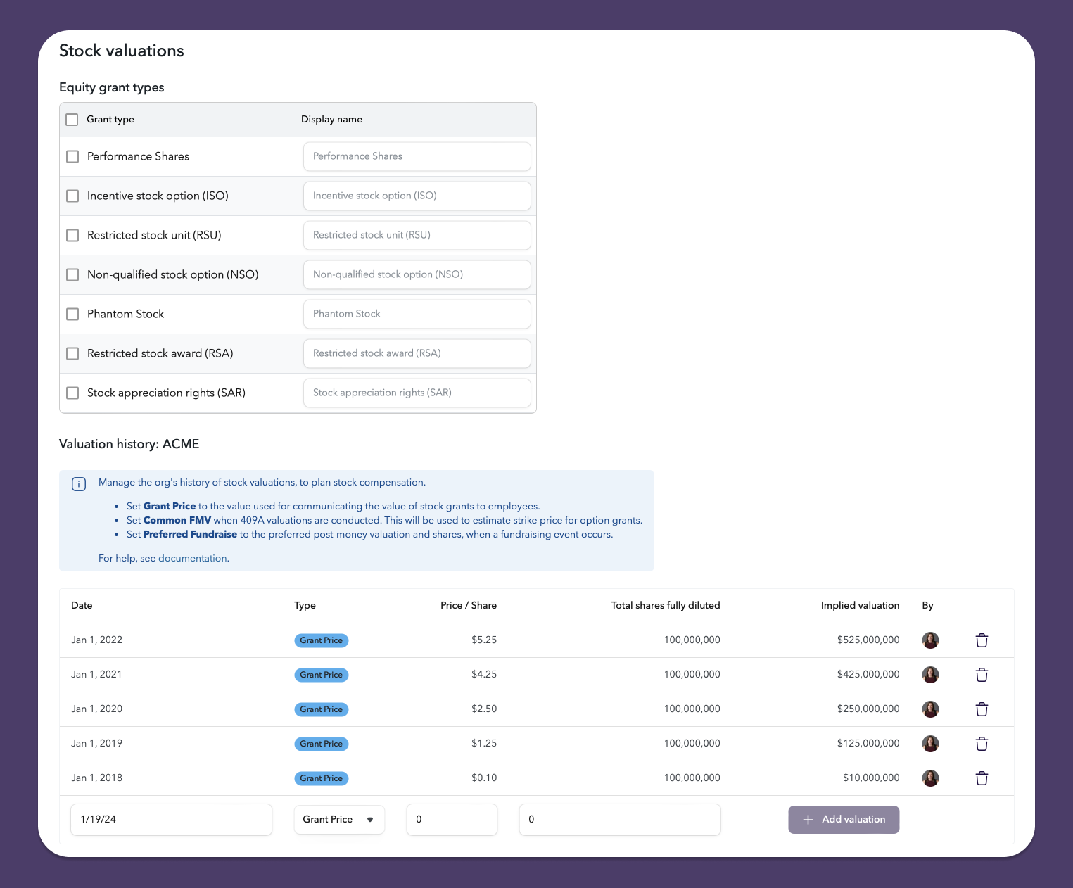 Setting up Stock valuations - ChartHop documentation