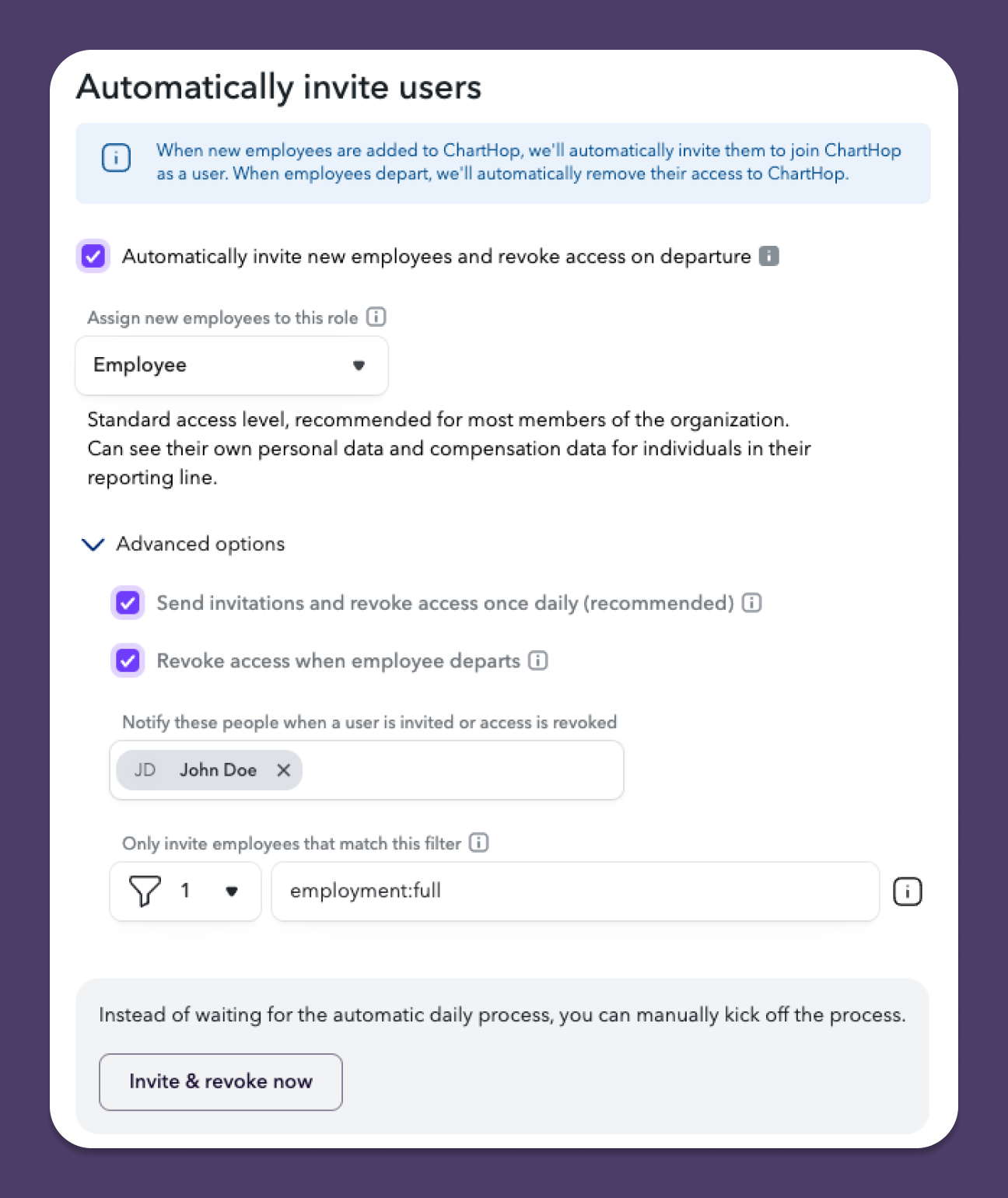 Automatic invitations - ChartHop documentation
