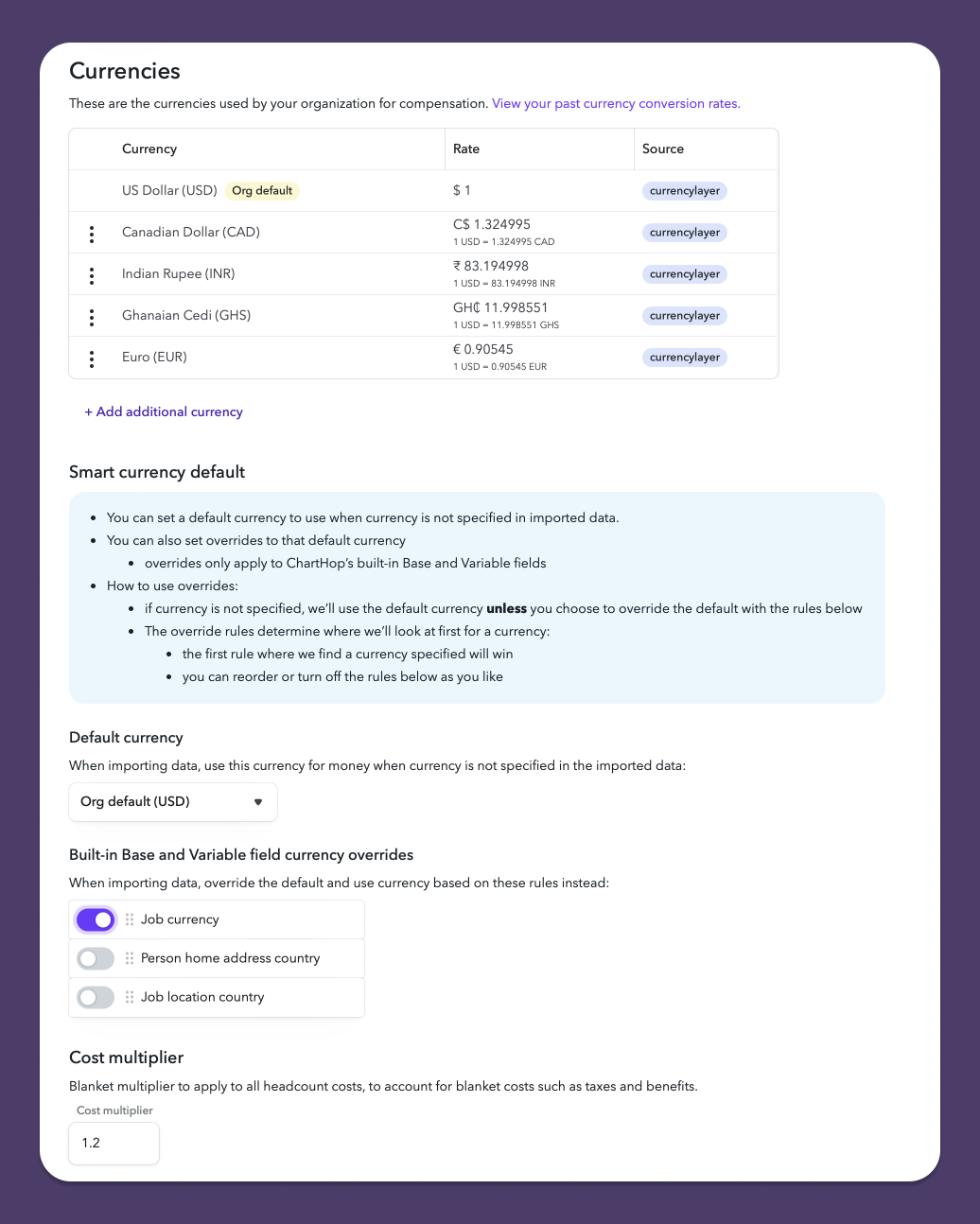 Managing currencies and costs - ChartHop documentation