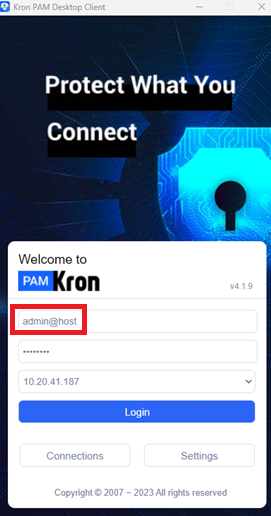 Tenant Selection on Desktop Client - Kron PAM Reference Guide