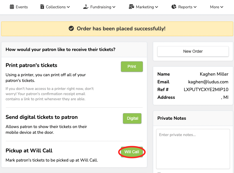 Mark Tickets for Will Call Pickup - Ludus Manual