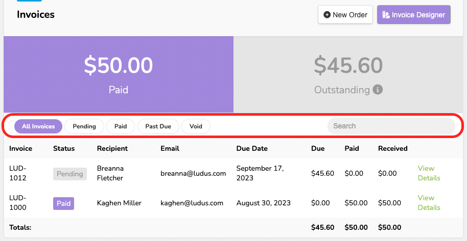 Sort/Search Invoices - Ludus Manual