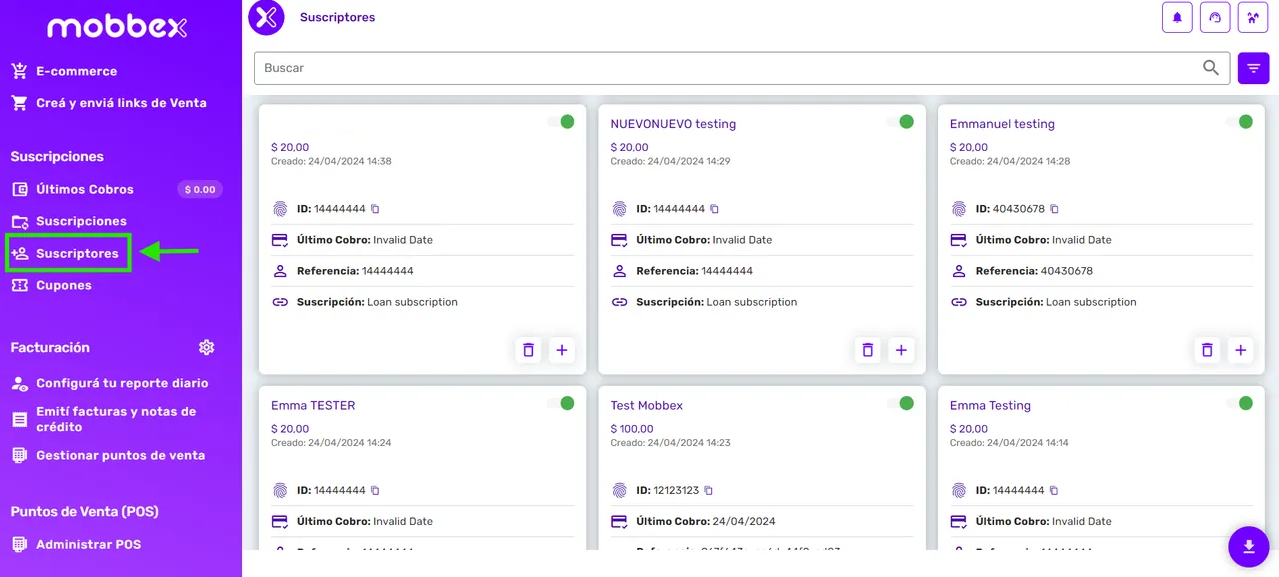 Panel de suscriptor - Mobbex KB