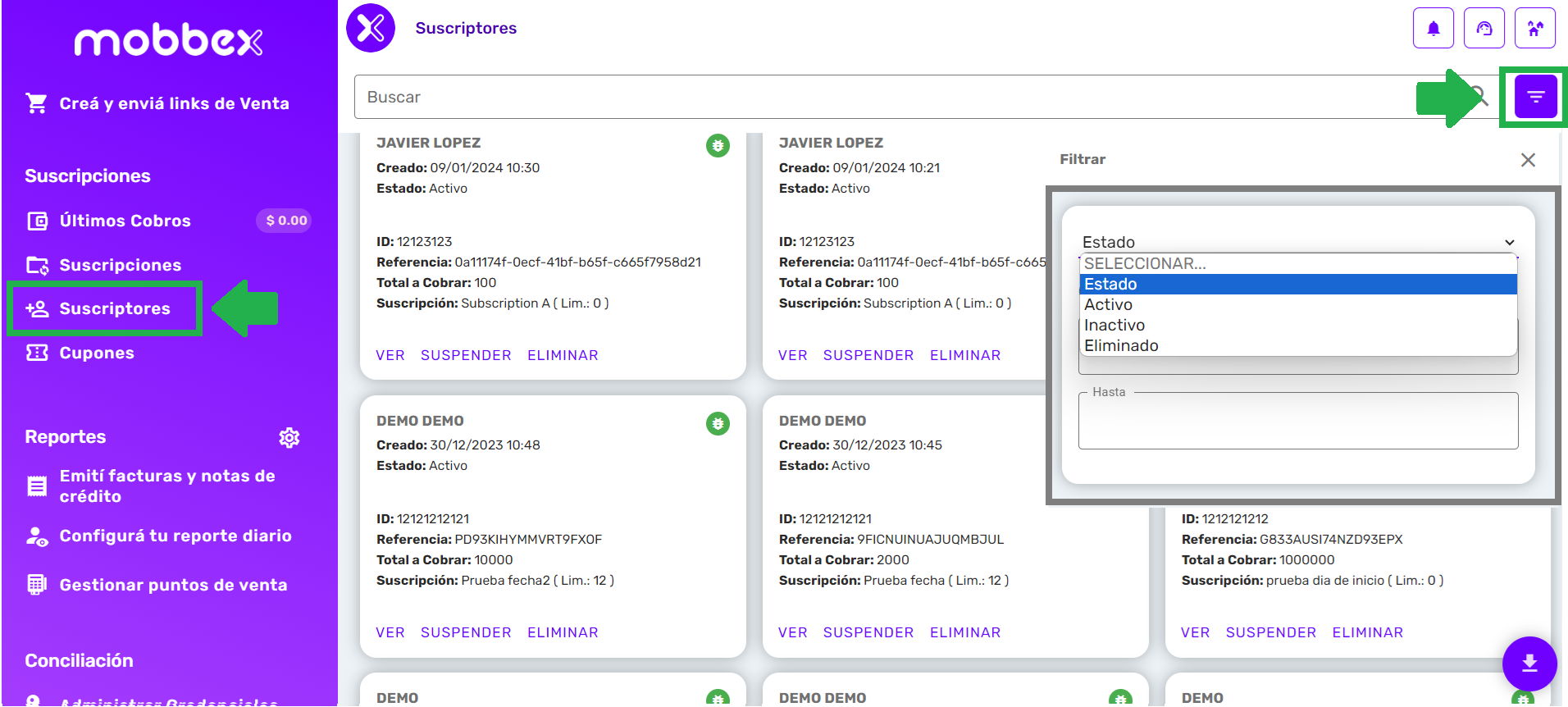 Panel de suscriptor - Mobbex KB