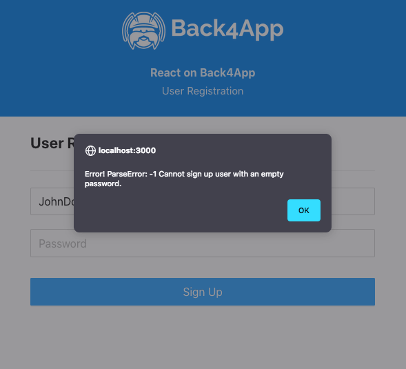 Sign up page in React using Parse - Back4app Backend